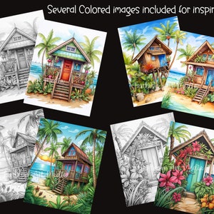 40 Tropical Beach Huts Coloring Pages | Printable Adult Grayscale Beach ...