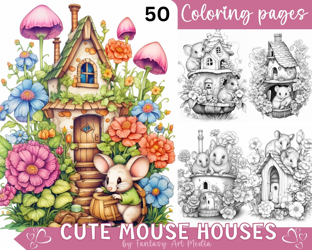 Cute Mouse Houses Coloring Pages, Printable Adult Grayscale Animals ...