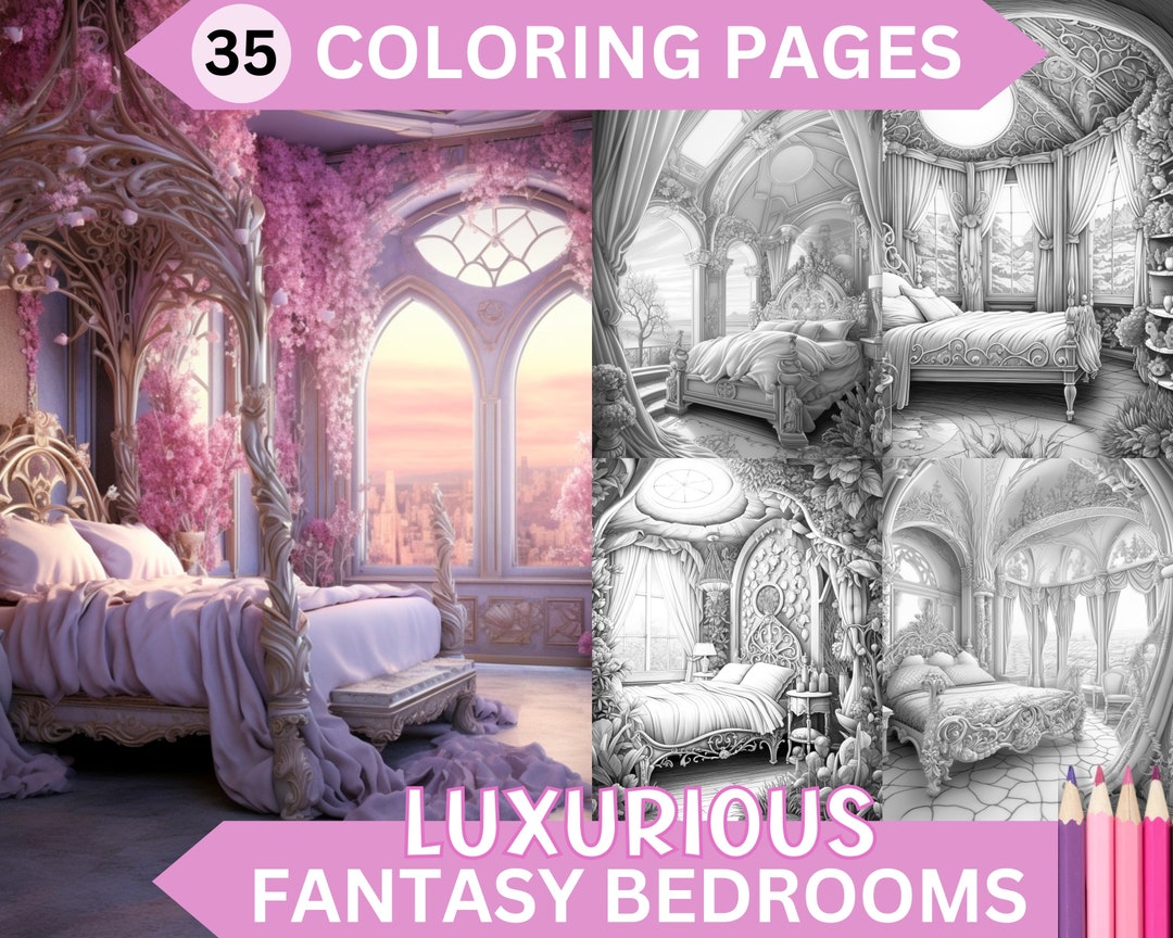 Fantasy Bedrooms Coloring Book: 35 Grayscale Pages (printable PDF/JPG ...