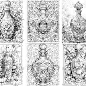 Decadent Potion Bottles Grayscale Coloring Pages, Printable Adult ...