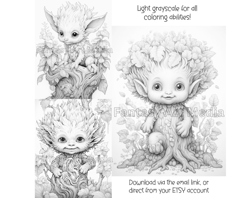 Baby Tree Creatures Fantasy Coloring Pages, Printable Adult Grayscale ...