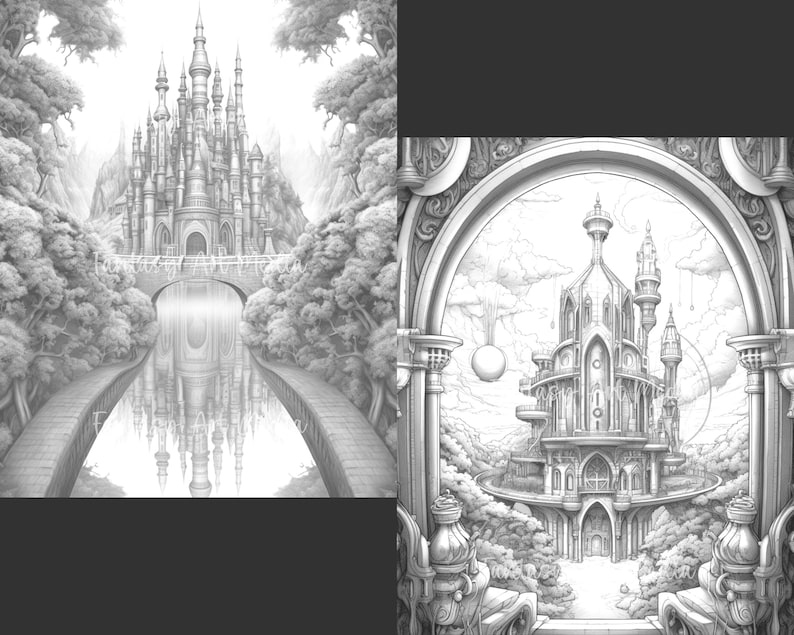Magic Portal Castles Coloring Pages: Grayscale Fantasy Art (PDF/JPG) - Etsy