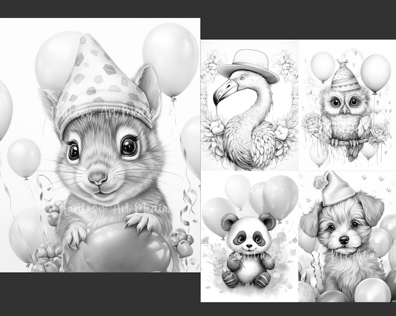50 Party Animals Coloring Pages: Grayscale Zoo Animals (digital ...