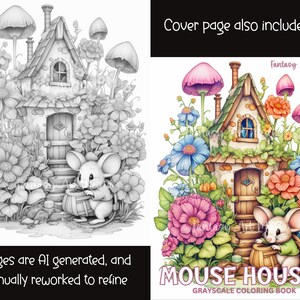 Cute Mouse Houses Coloring Pages, Printable Adult Grayscale Animals ...