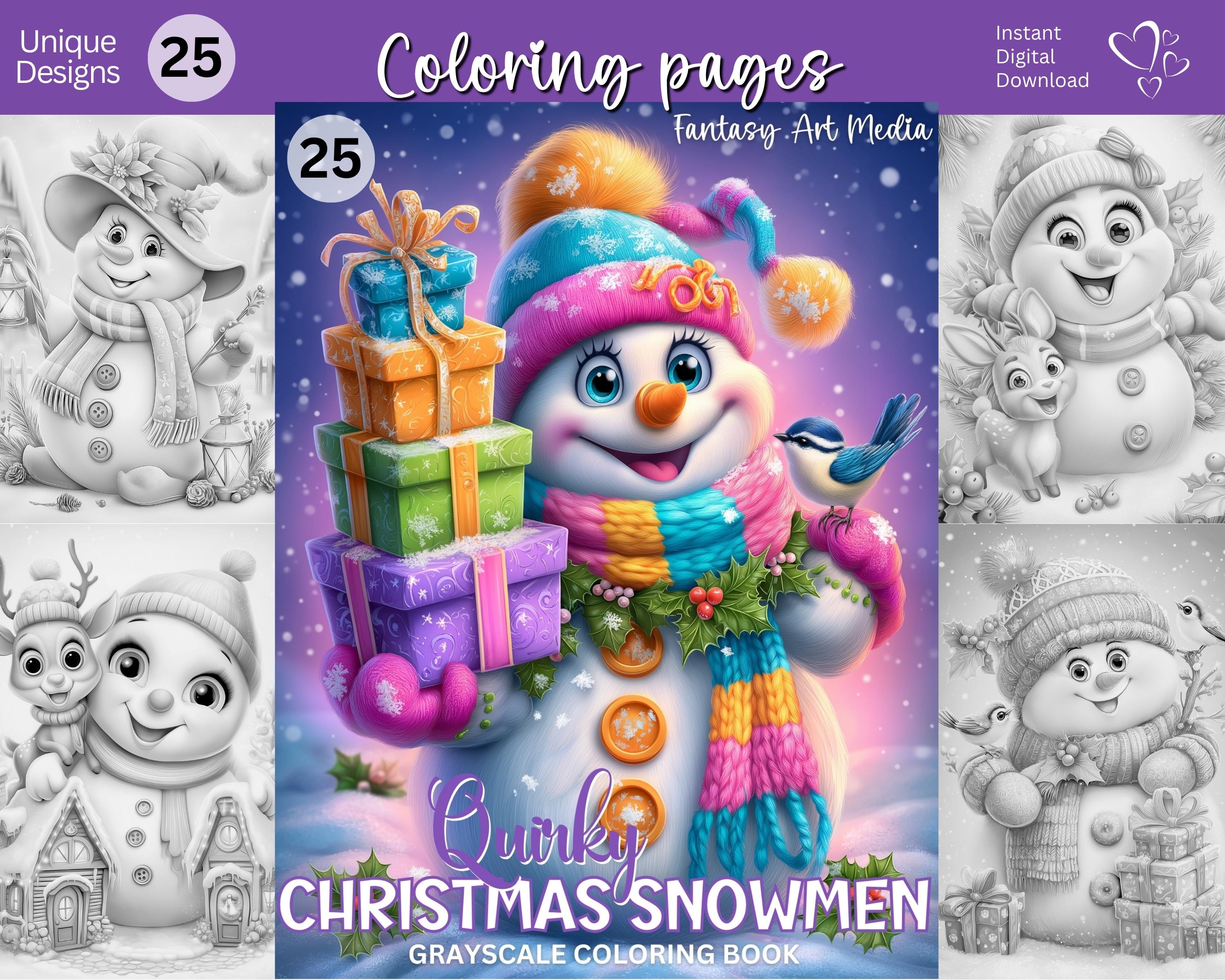 Quirky Christmas Snowmen Coloring Pages, Printable Adult Grayscale ...