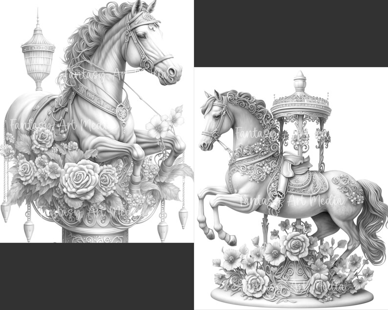 32 Carousel Horses Grayscale Coloring Pages | Printable Adult Coloring ...