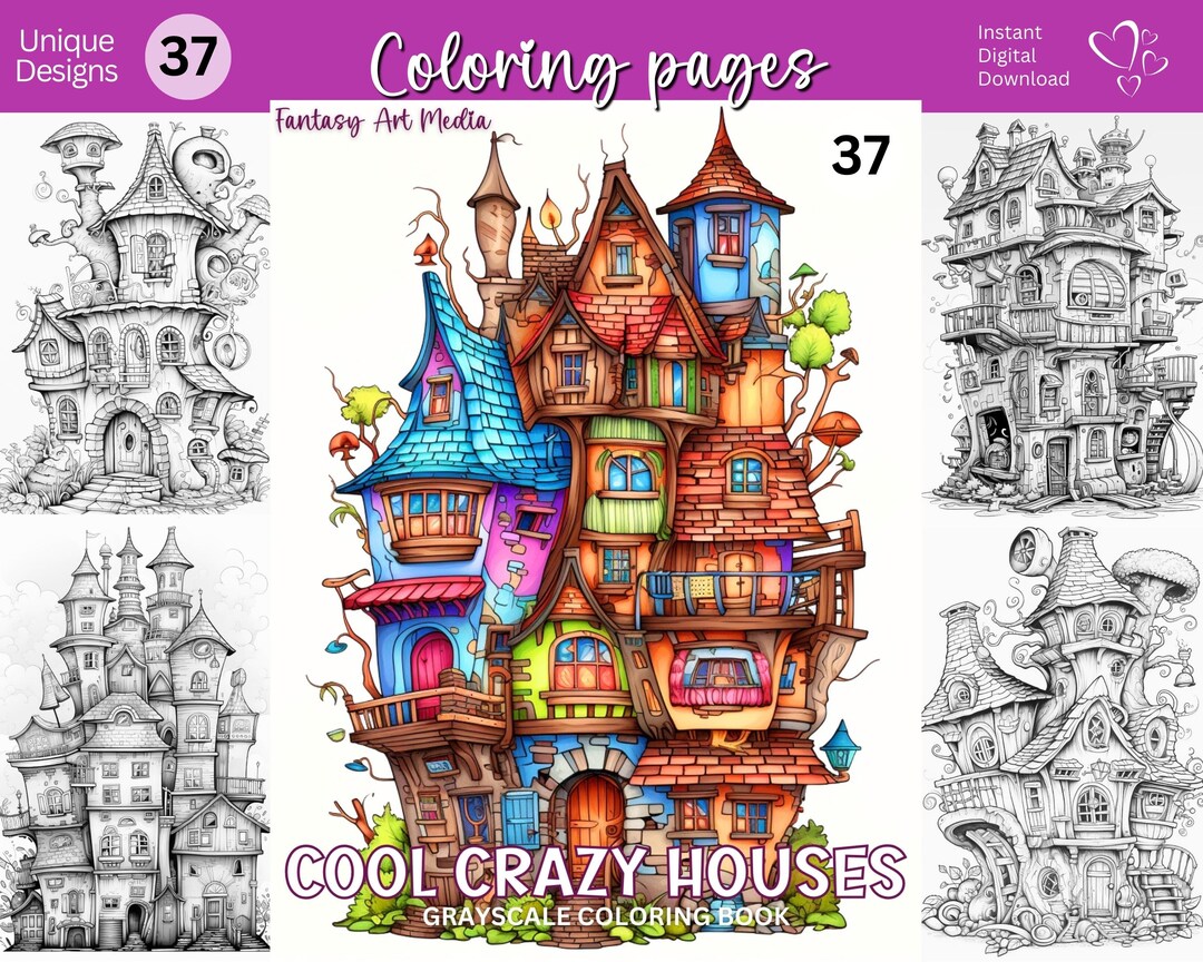Cool Crazy Houses Coloring Book, Printable Adult Grayscale Townhouse ...