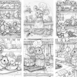 Mice in the Kitchen Grayscale Coloring Pages, Adults & Children ...