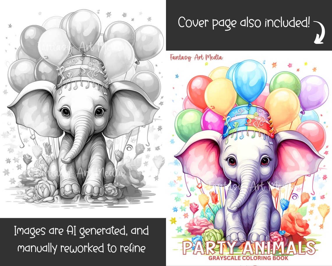 50 Party Animals Coloring Pages: Grayscale Zoo Animals (digital ...