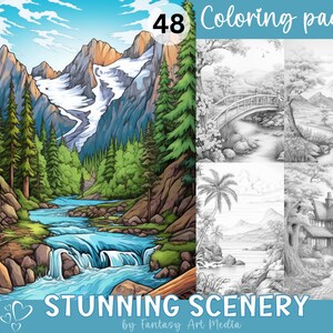Stunning Scenery Coloring Pages, Printable Adult Grayscale Country ...