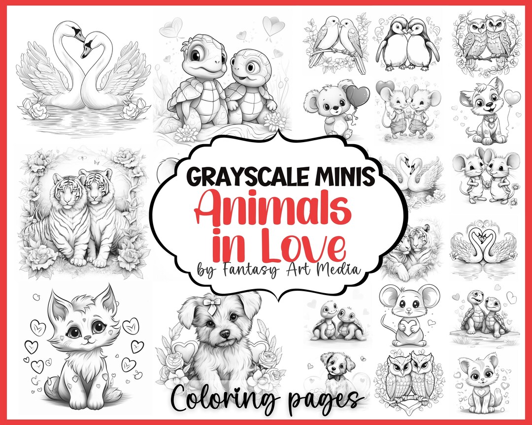 Animals in Love Grayscale Minis Coloring Pages, Printable Adult Small ...