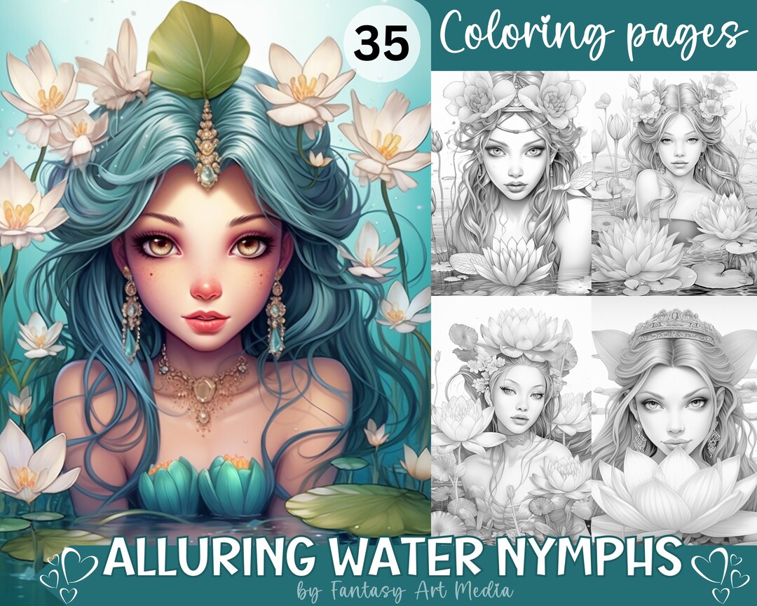 Alluring Water Nymphs Light Grayscale Coloring Pages, Fantasy Fairy ...