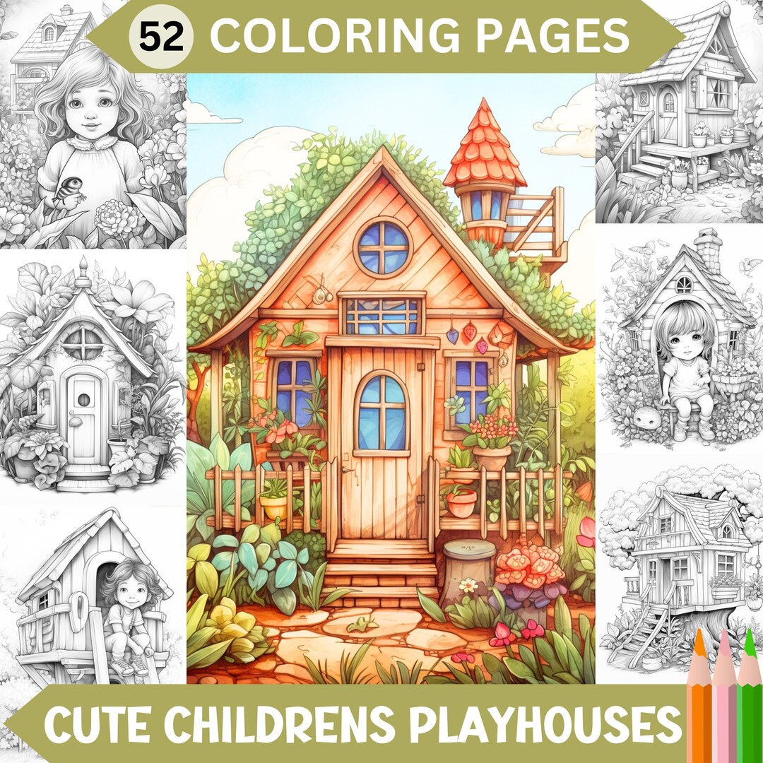 Cute Childrens Playhouses 52 Coloring Pages | Printable Adult Grayscale ...