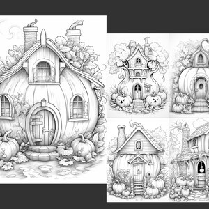 25 Pumpkin House Coloring Pages: Grayscale Autumn Fairy Tale (PDF/JPG ...