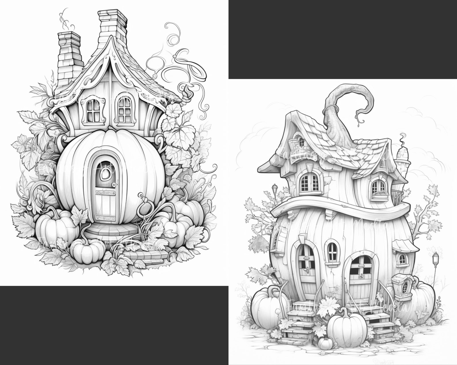 25 Little Pumpkin Houses Coloring Pages Printable Adult Grayscale ...