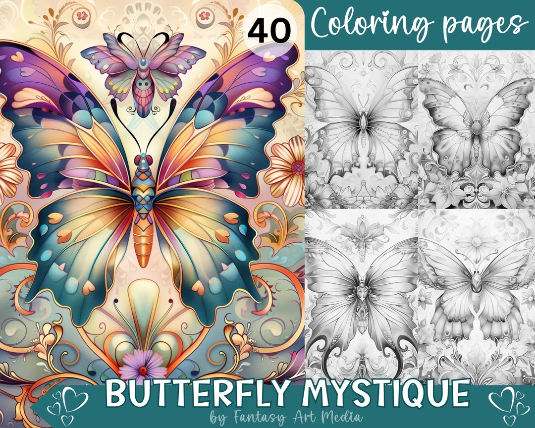 Butterfly Mystique Coloring Pages, Floral Printable Adult Grayscale ...