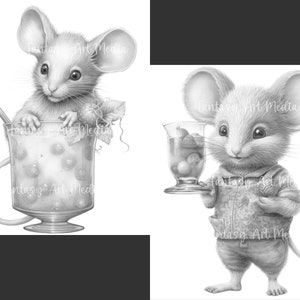 20 Cute Cocktail Mice Grayscale Coloring Pages for Adults & Children ...