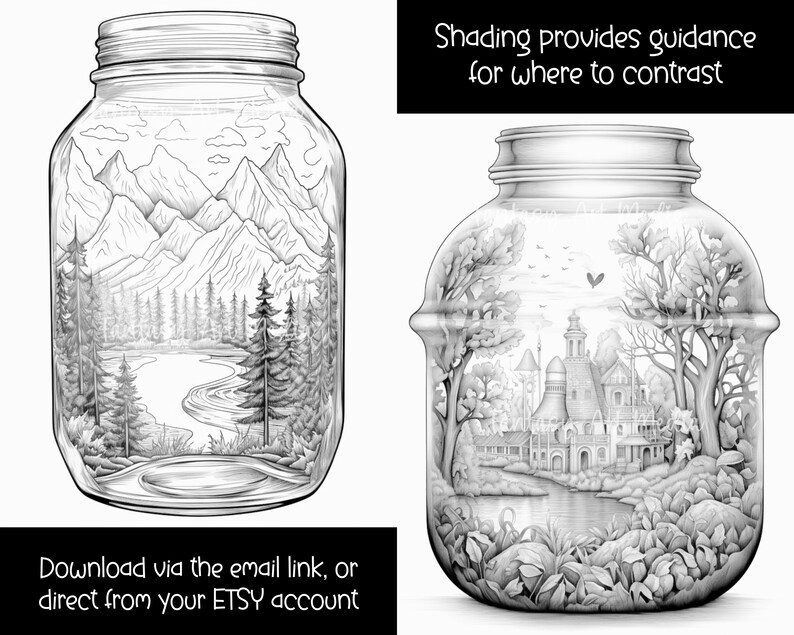 Fantasy Jar Scenes Coloring Pages | Printable Adult Magical Fairytale ...