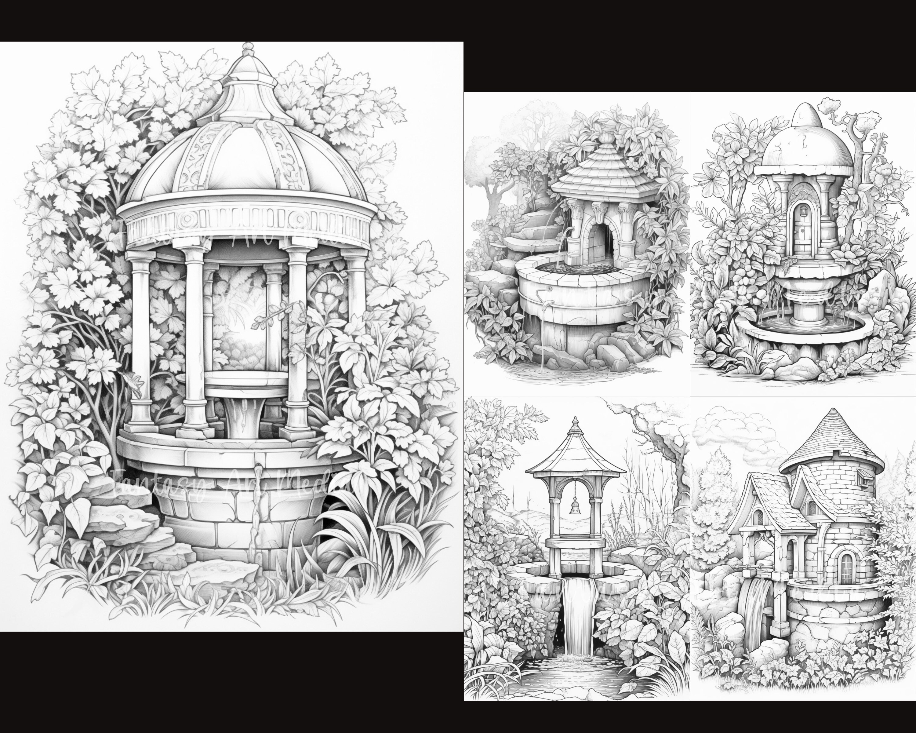 Wishing Wells Coloring Pages: 50 Grayscale Cottage Garden Designs ...