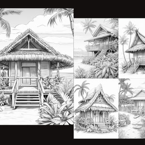 40 Tropical Beach Huts Coloring Pages | Printable Adult Grayscale Beach ...