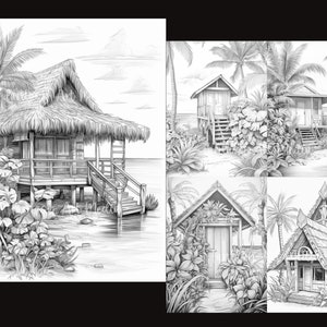 40 Tropical Beach Huts Coloring Pages | Printable Adult Grayscale Beach ...