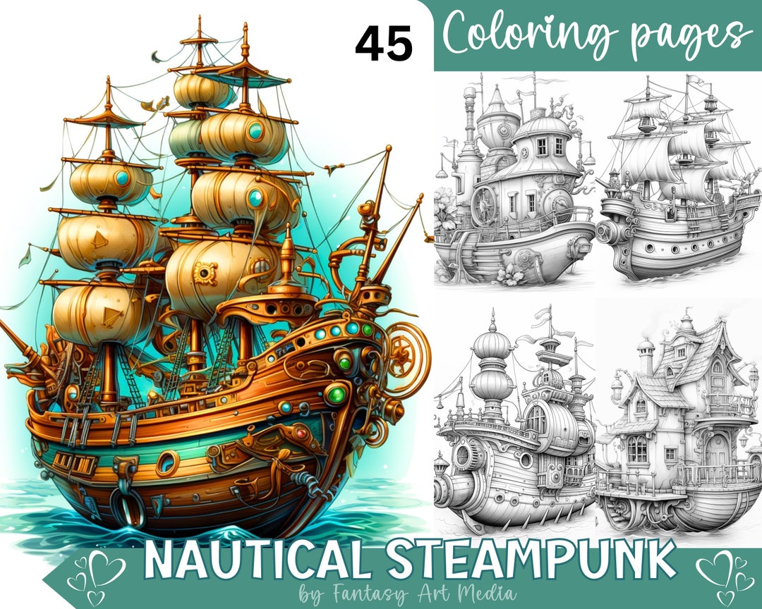 Nautical Steampunk Grayscale Adult Coloring Pages | Printable Water ...