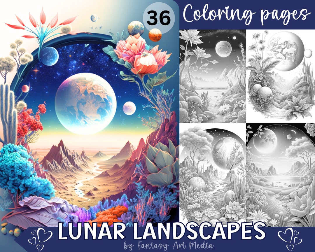 36 Lunar Landscapes Coloring Pages | Printable Adult Grayscale Fantasy ...