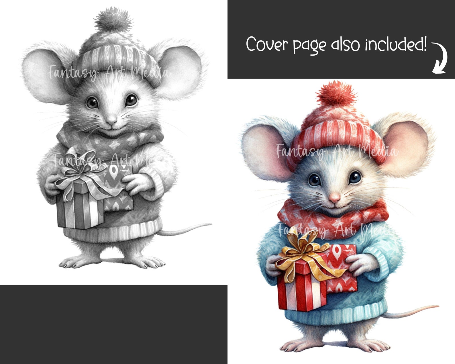 Christmas Mice Coloring Pages: Grayscale Gift Designs (printable PDF ...