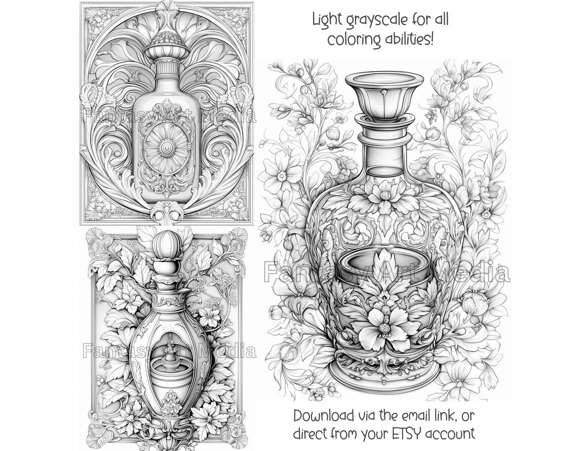 Decadent Potion Bottles Grayscale Coloring Pages, Printable Adult ...