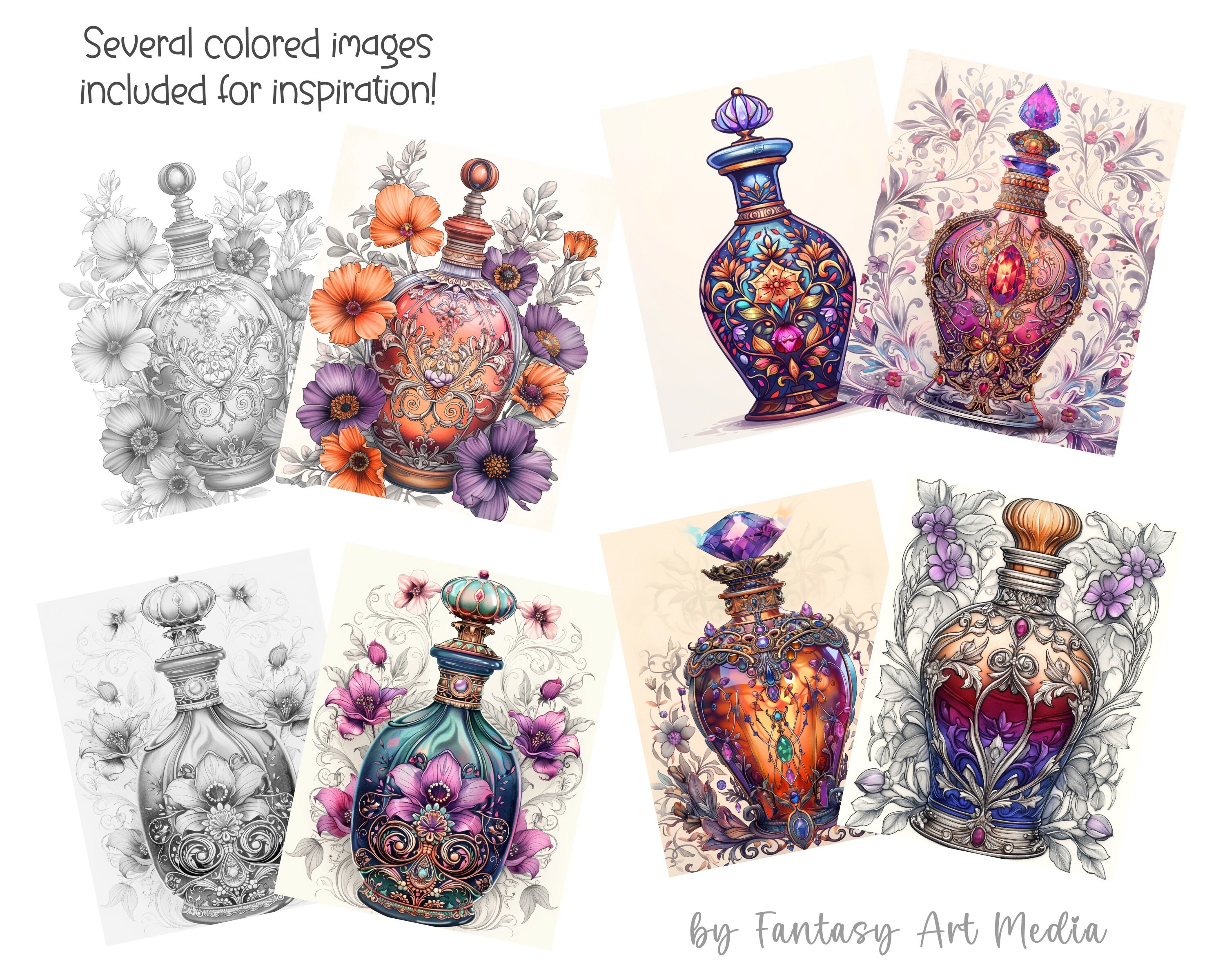 Decadent Potion Bottles Grayscale Coloring Pages, Printable Adult ...