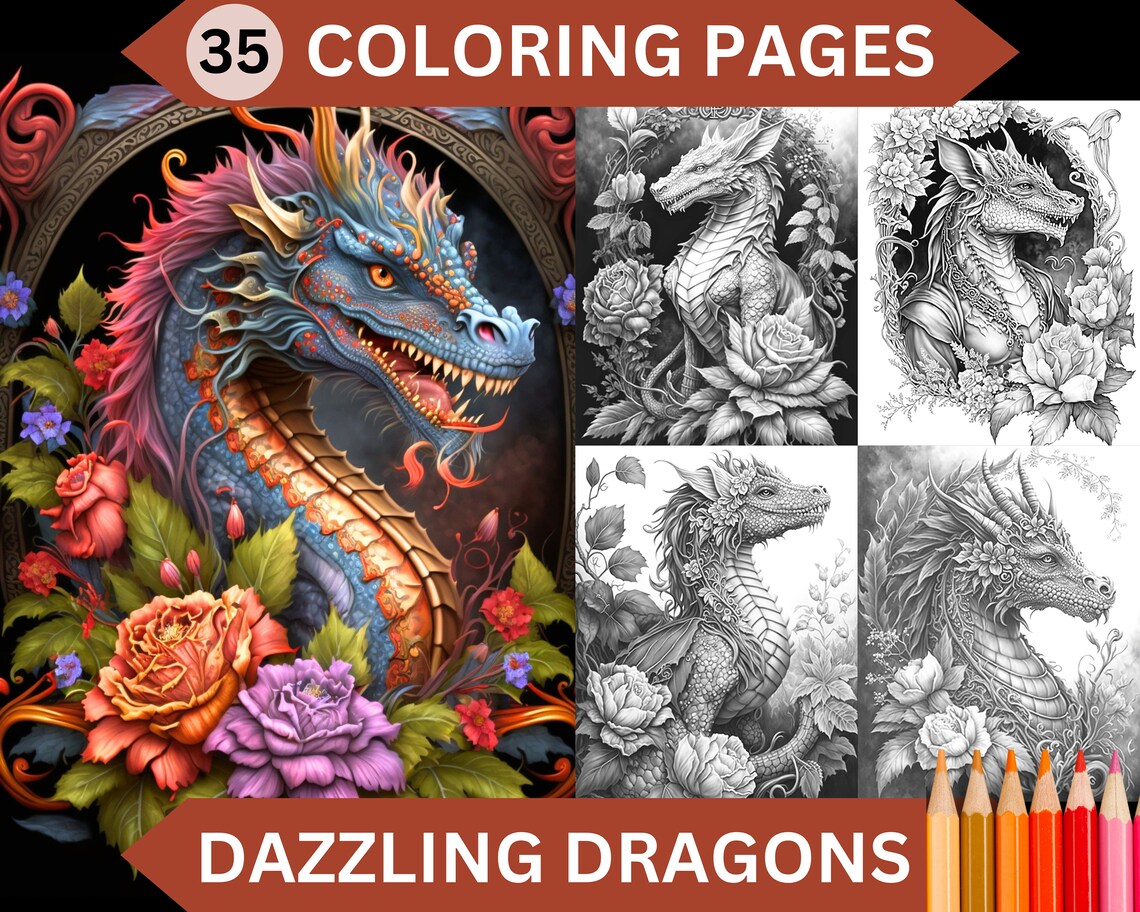 35 Dazzling Dragons Grayscale Coloring Pages | Printable Adult Woman ...