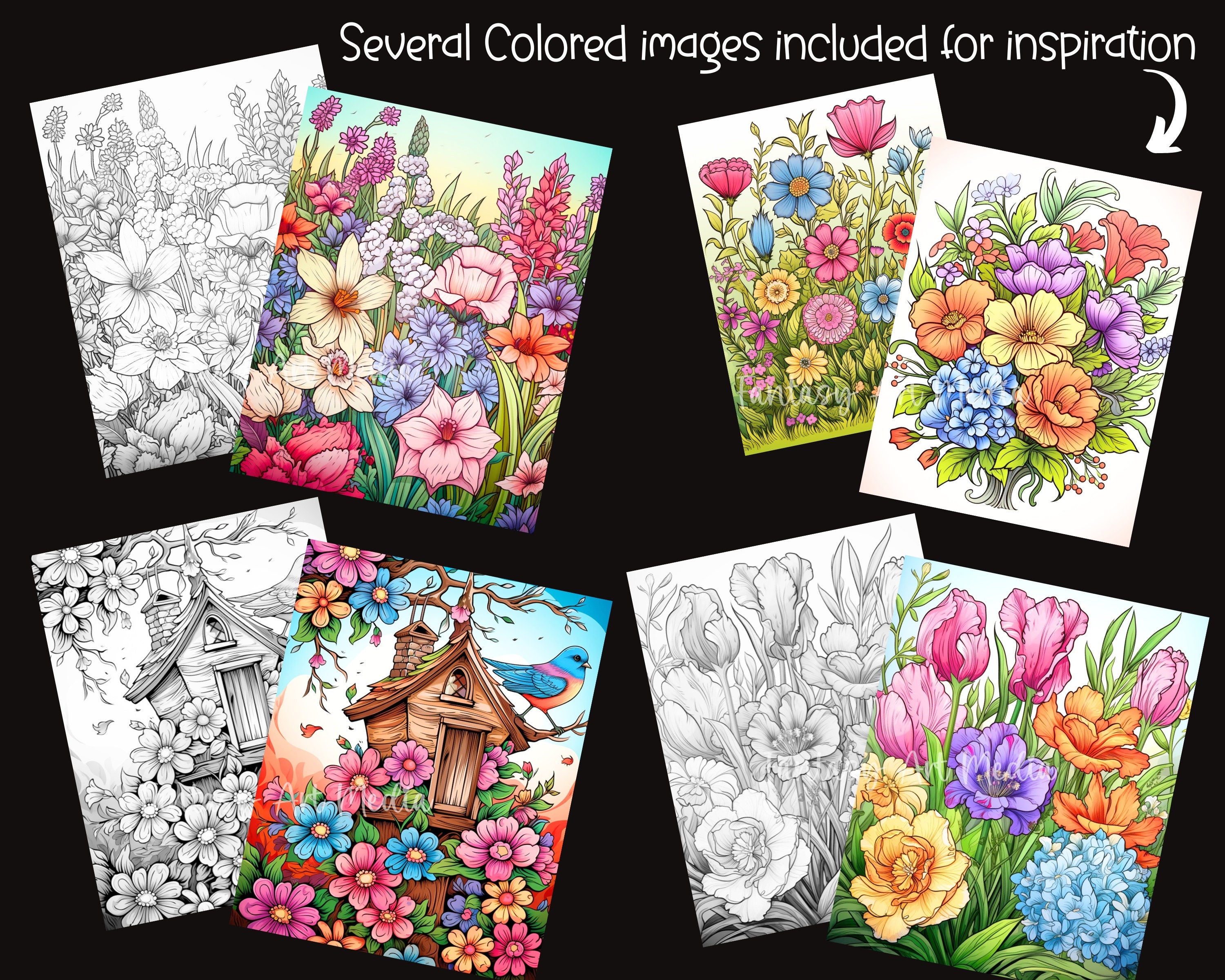Spring Flowers Coloring Pages | Adult Grayscale Seasonal Floral ...