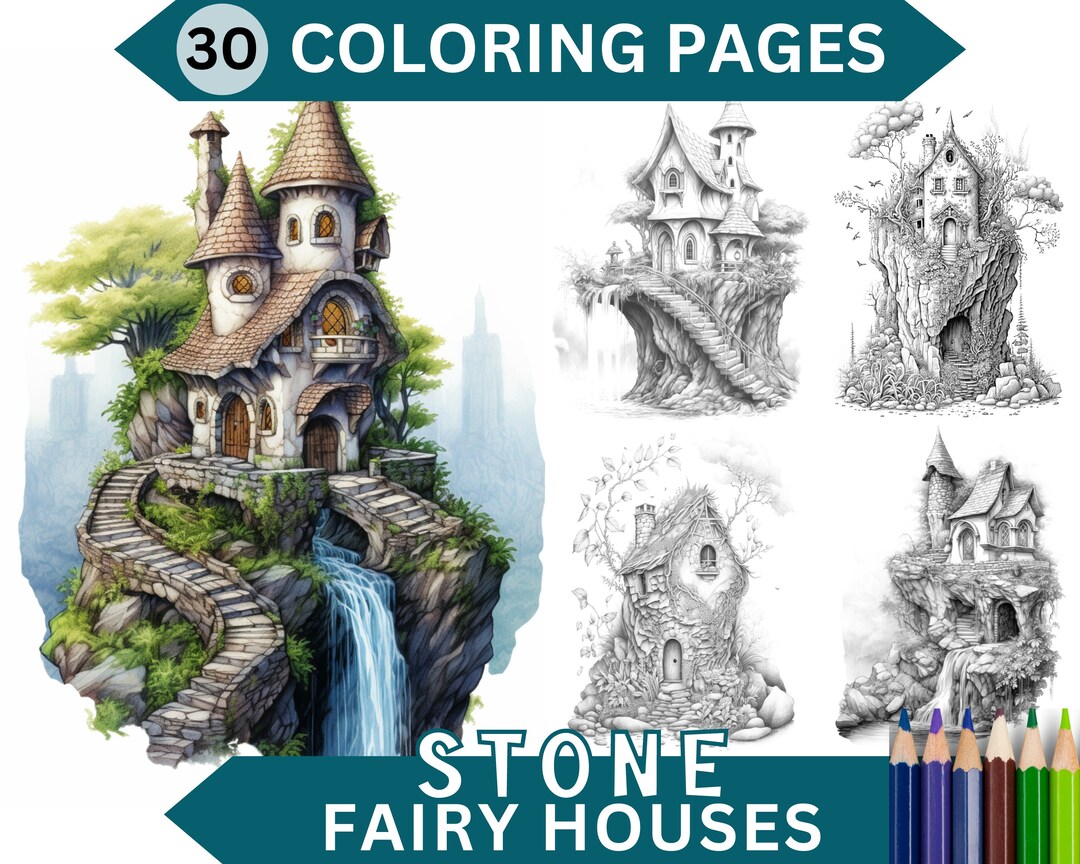 Stone Fairy Houses Coloring Book: 30 Grayscale Pages (printable PDF/JPG ...