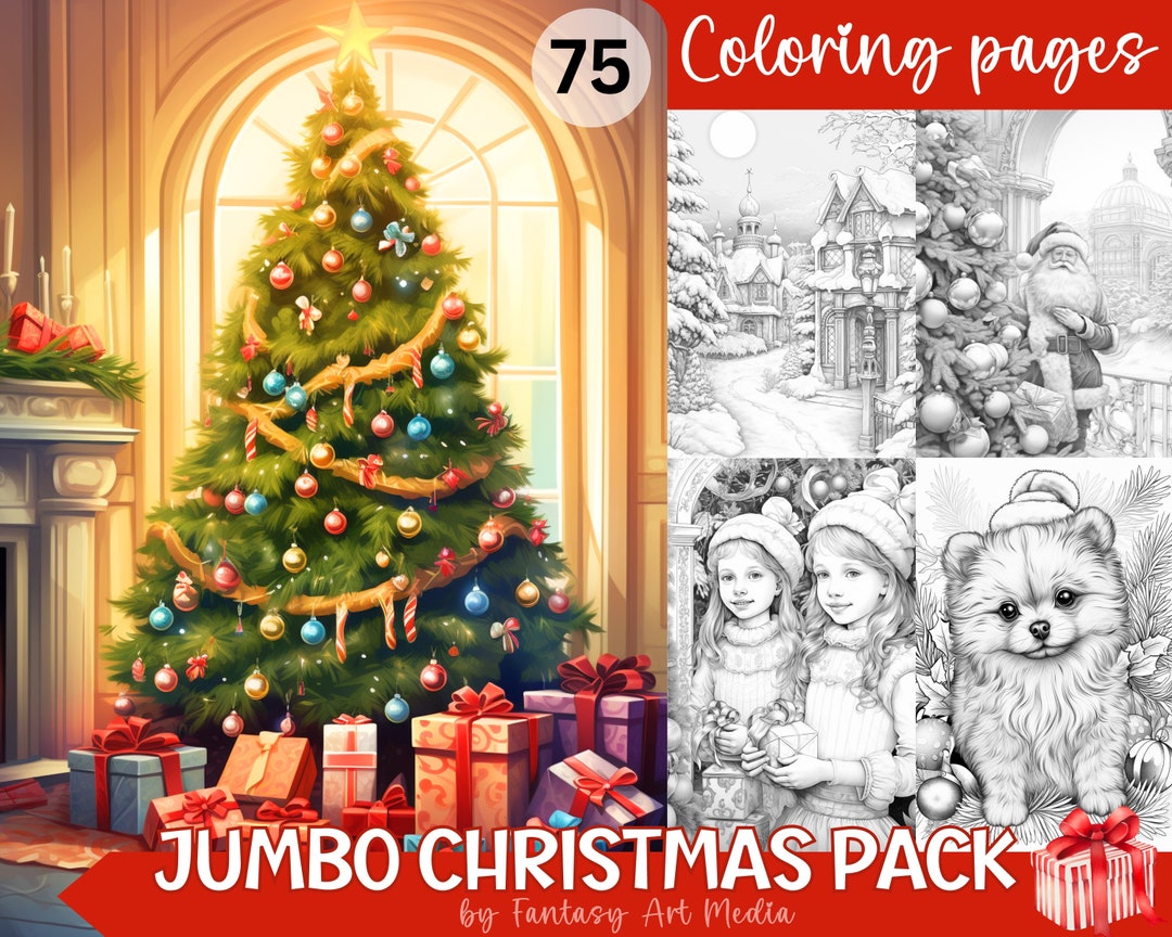 Jumbo Christmas Pack Coloring Pages, 75 Printable Adult Grayscale Merry ...