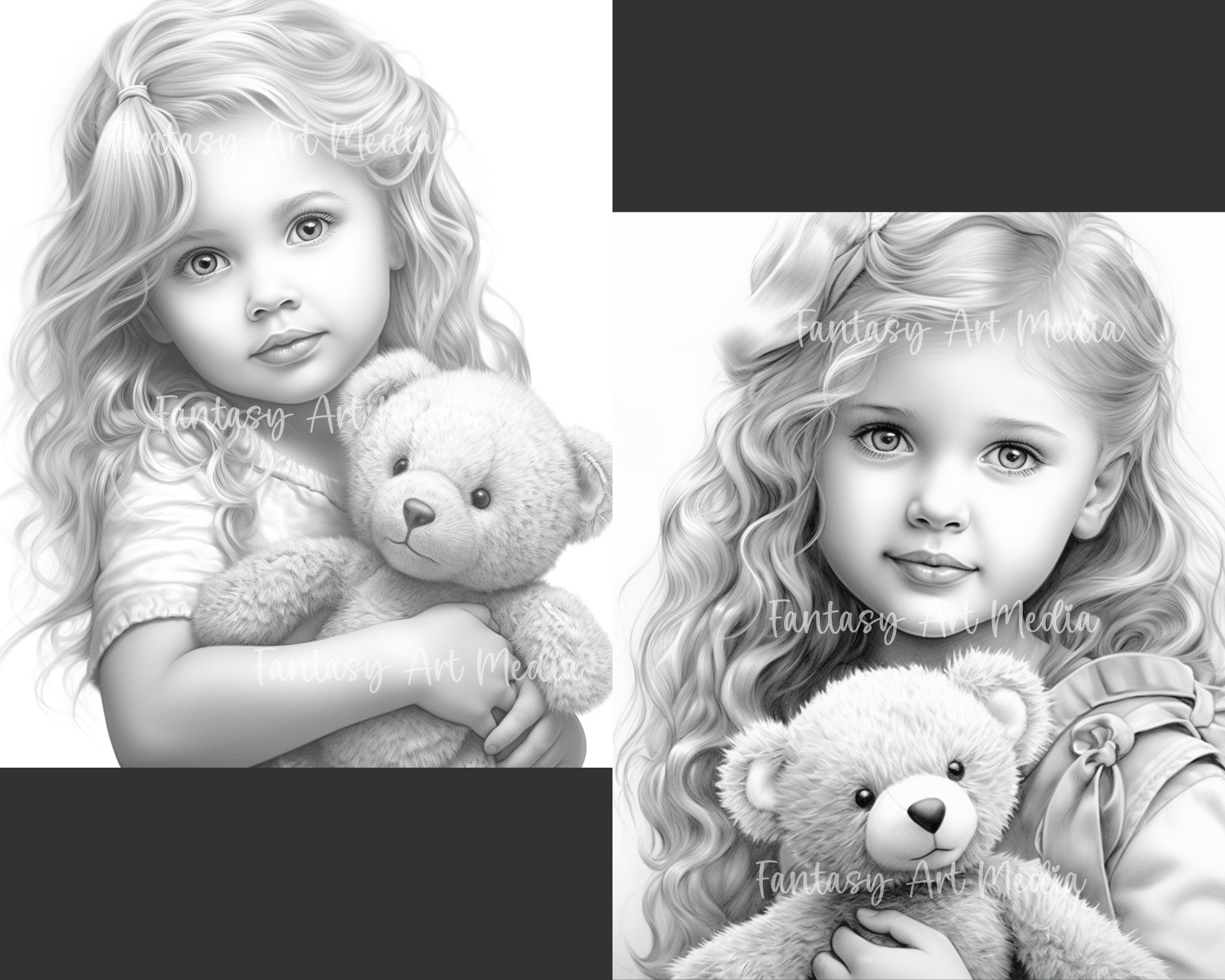 Teddy Bear Girls Coloring Pages: 32 Grayscale Designs (printable PDF ...