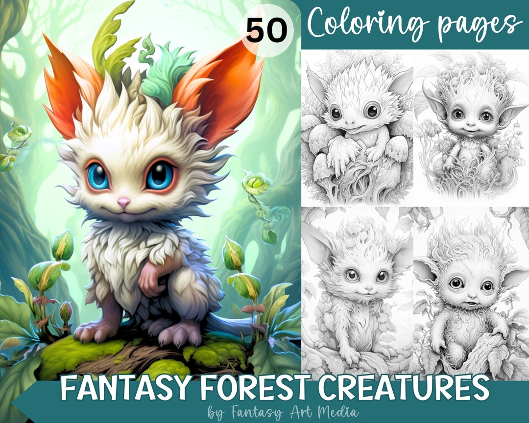 Cute Fantasy Forest Creatures Grayscale Coloring Pages, Adult Printable ...