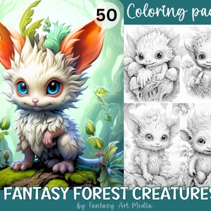 Cute Fantasy Forest Creatures Grayscale Coloring Pages, Adult Printable ...