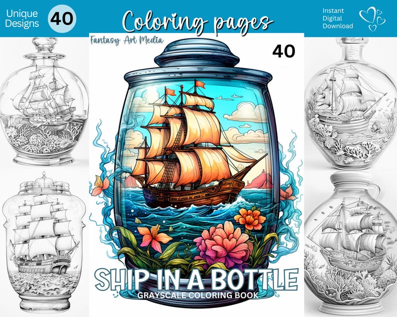 Ship in a Bottle Coloring Pages, Printable Adult Fantasy Fish Water ...