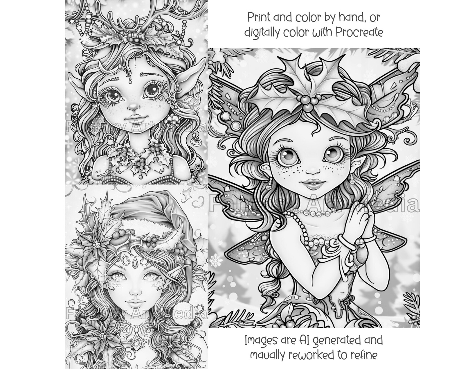 Festive Christmas Fairies Coloring Pages, Printable Adult Fun Fantasy ...