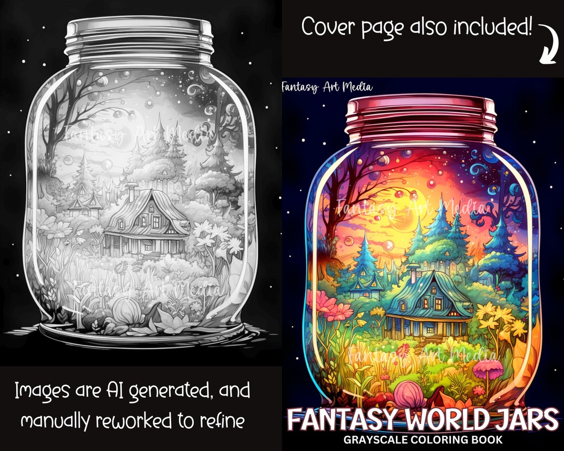 Fantasy World Jars Coloring Pages | Printable Adult Magical Fairytale ...