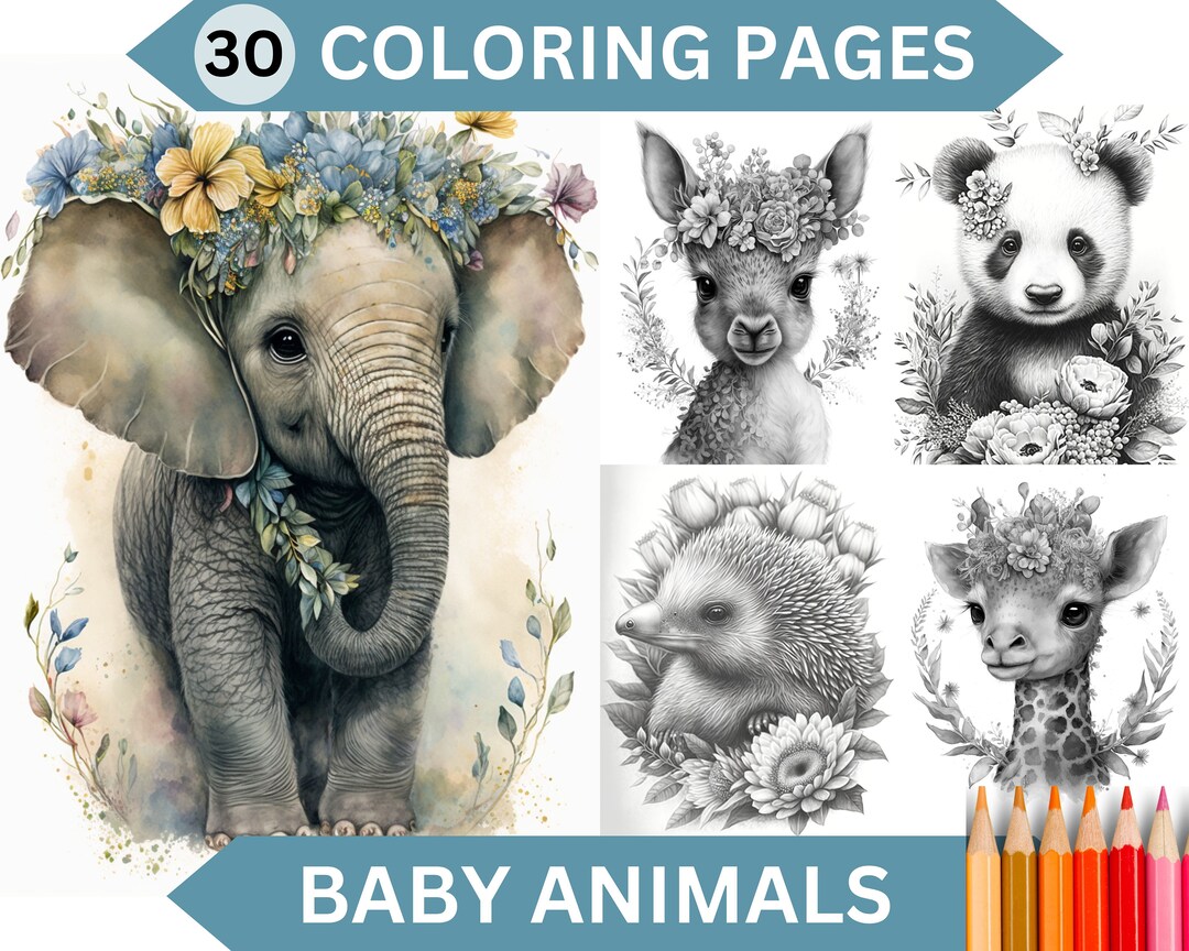 30 Baby Animals (on White) Grayscale Coloring Pages | Printable Adult ...