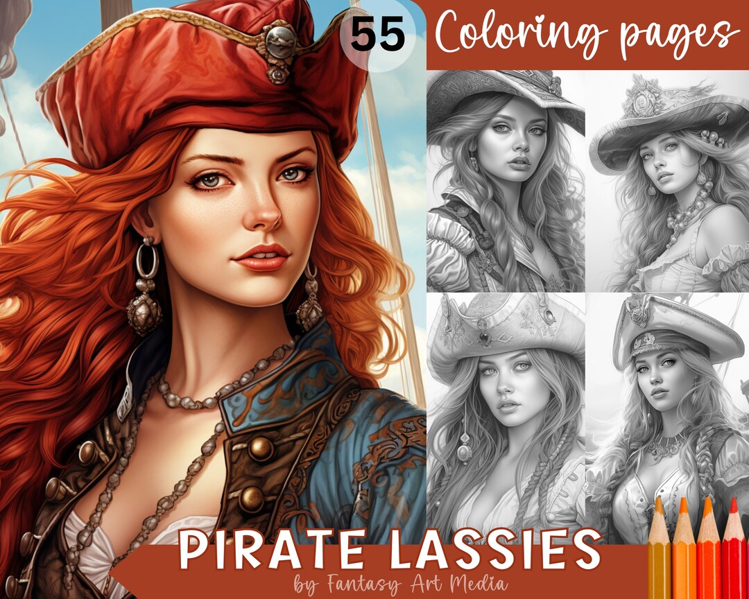 Pirate Lassies Coloring Pages 55 Fun Adult Women Printable Nautical Grayscale Colouring Book