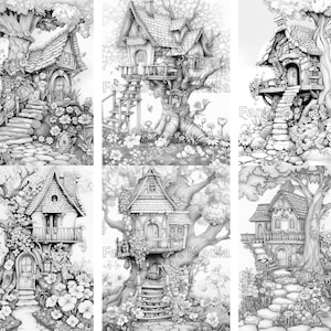 Fantasy Treehouses Coloring Pages, Printable Adult Grayscale Floral ...