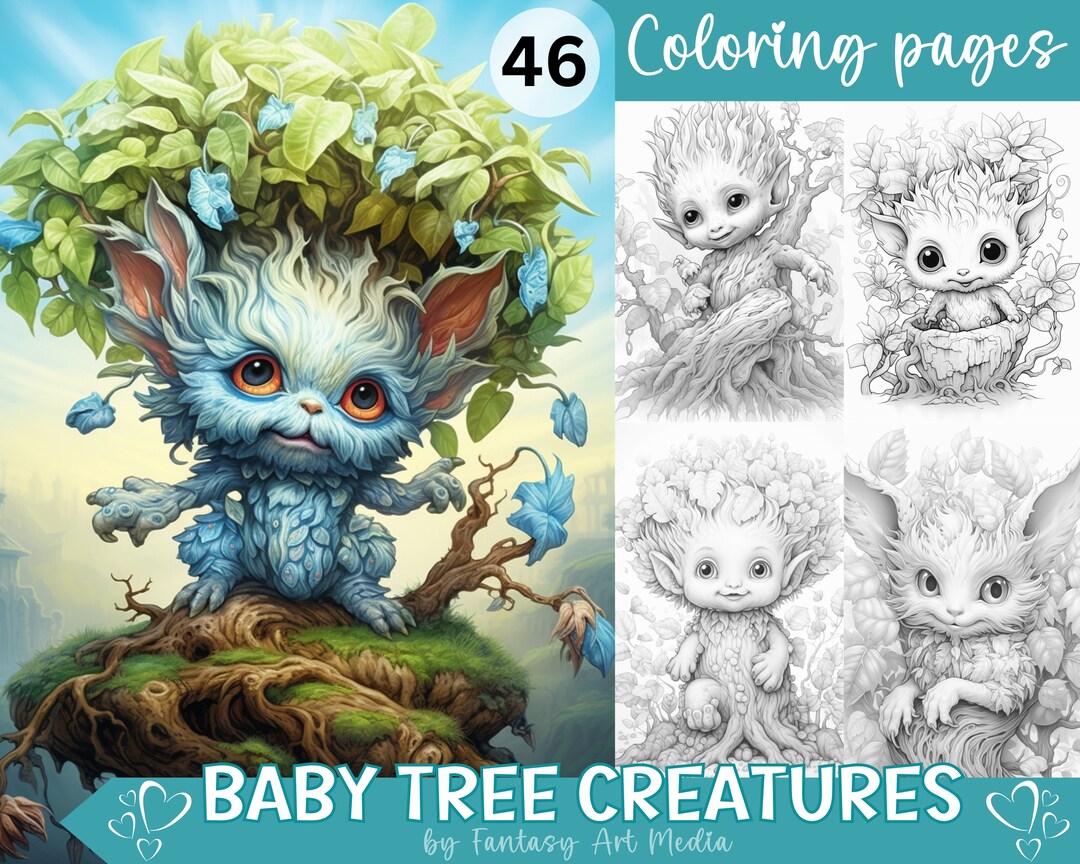Baby Tree Creatures Fantasy Coloring Pages, Printable Adult Grayscale ...