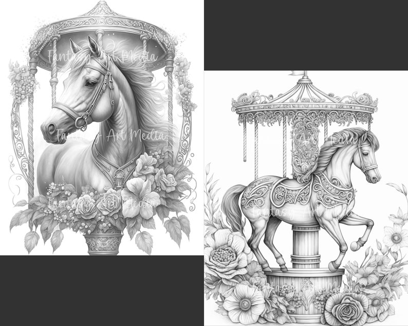 32 Carousel Horses Grayscale Coloring Pages | Printable Adult Coloring ...