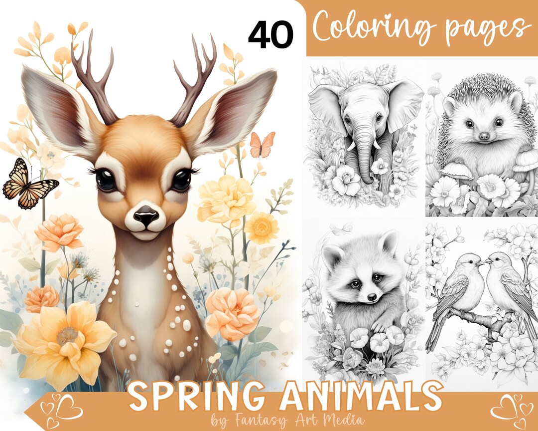 Cute Spring Animals Grayscale Coloring Pages, Printable Adult Floral ...