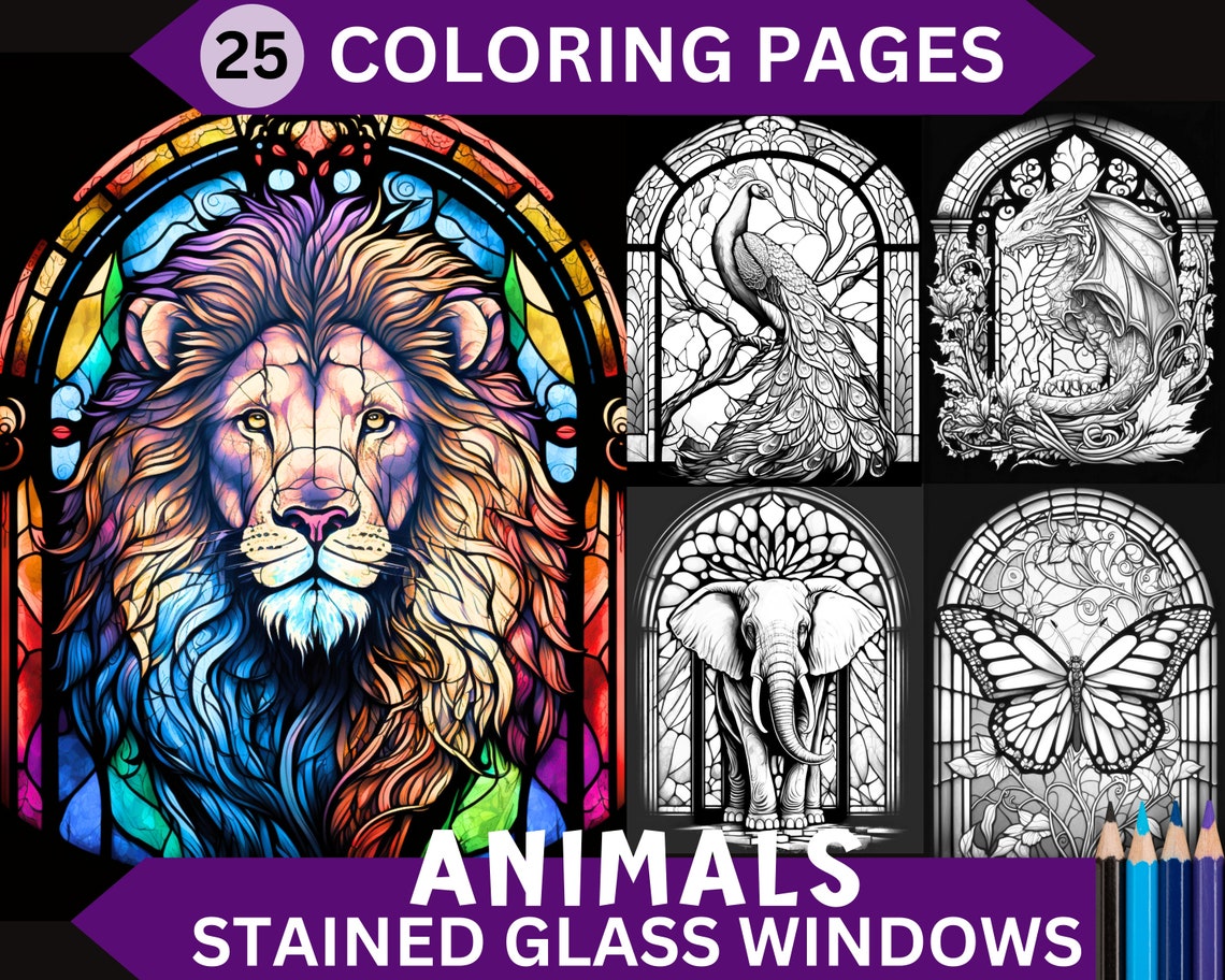 Animals Stained Glass Windows Coloring Pages: Grayscale Art (PDF/JPG ...