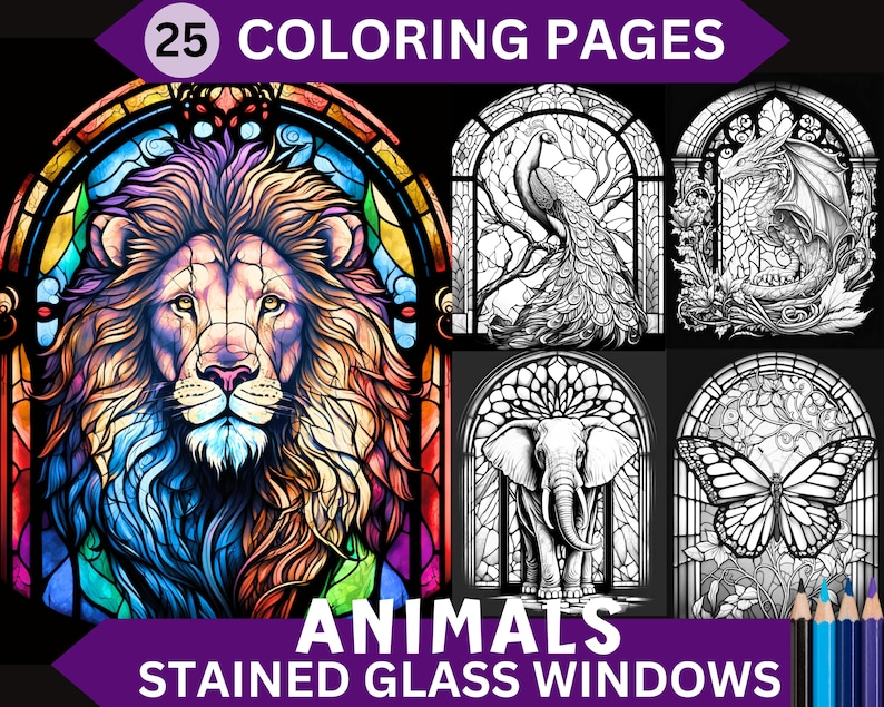25 Animals Stained Glass Windows Coloring Pages Printable - Etsy