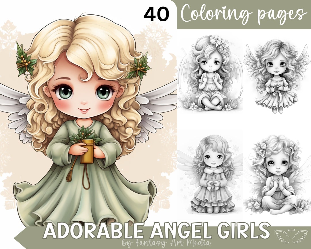 Adorable Angel Girls Coloring Pages 40 Printable Adult Cute - Etsy