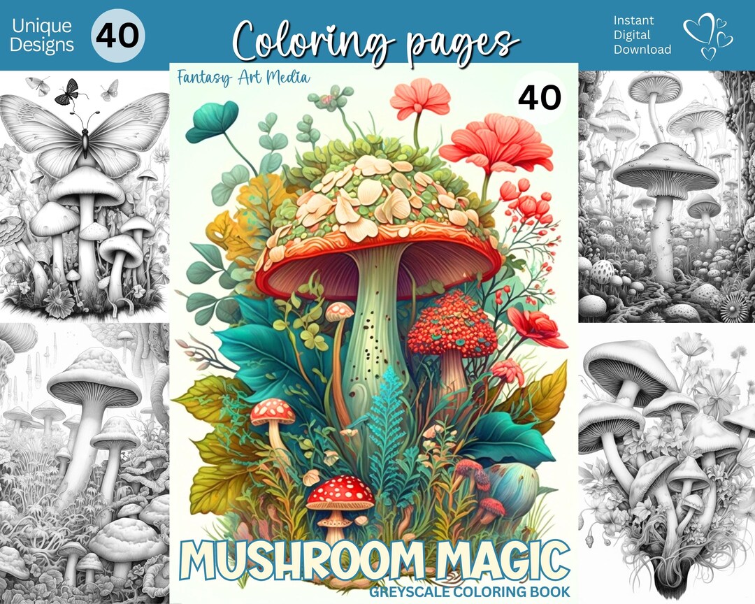 40 Mushroom Magic Coloring Pages | Printable Adult Grayscale Coloring ...